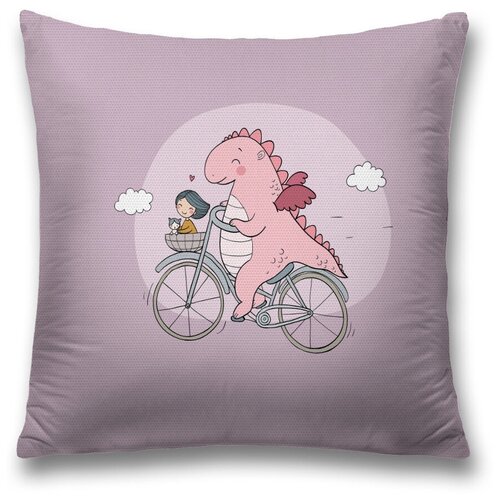 Наволочка декоративная на молнии, чехол на подушку JoyArty "Динозавр на велосипеде" 45х45 см