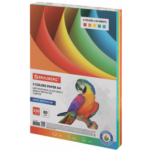 Бумага цветная для принтера офисная, Brauberg, А4, 80 г/м2, 250 л, (5 цветов х 50 л.), интенсив, для офисной техники, 112464