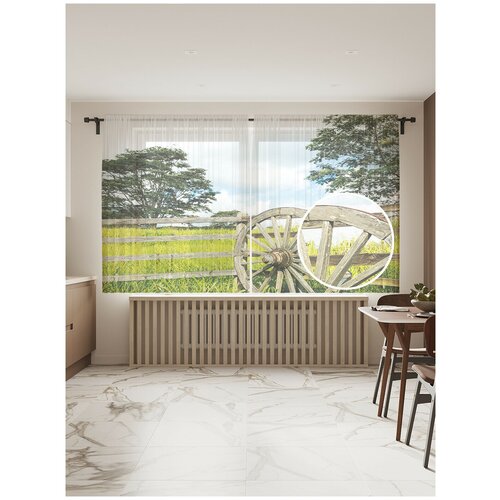 Тюль для кухни и спальни JoyArty "Колесо телеги на лугу", 2 полотна со шторной лентой шириной по 145 см, высота 180 см.