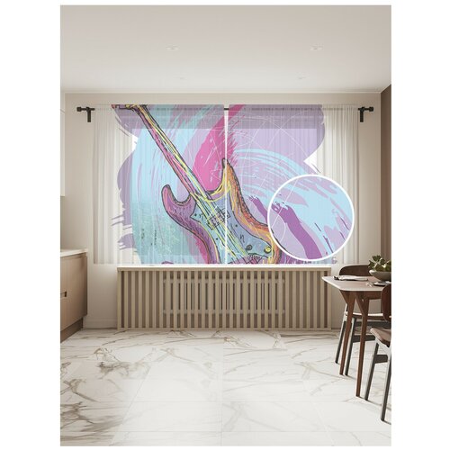 Тюль для кухни и спальни JoyArty "Гитарные краски", 2 полотна со шторной лентой шириной по 145 см, высота 180 см.