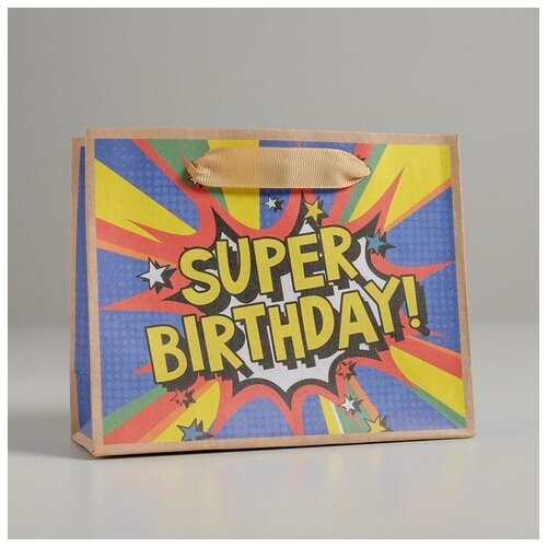 Пакет крафтовый горизонтальный «Super birthday», S 15 × 12 × 5,5 см