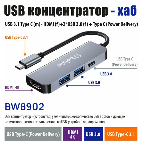 USB Hub Type C 3.1-HDMI+2*USB 3.0+Type C (Power Delivery) Belsis/ BW8902