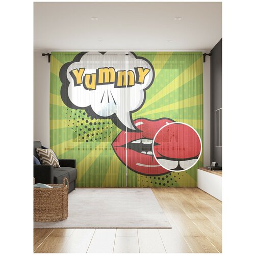 Тюль для кухни и спальни JoyArty "Вкуснятина поп-арт", 2 полотна со шторной лентой шириной по 145 см, высота 265 см.