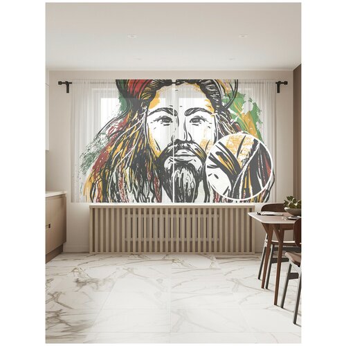 Тюль для кухни и спальни JoyArty "Портрет хиппи", 2 полотна со шторной лентой шириной по 145 см, высота 180 см.