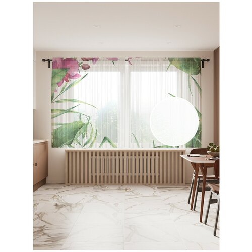 Тюль для кухни и спальни JoyArty "Тропические орхидеи", 2 полотна со шторной лентой шириной по 145 см, высота 180 см.