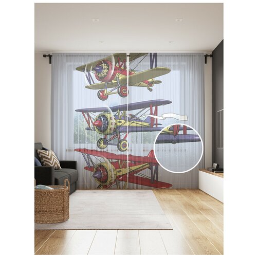 Тюль для кухни и спальни JoyArty "Пилоты-трюкачи", 2 полотна со шторной лентой шириной по 145 см, высота 265 см.