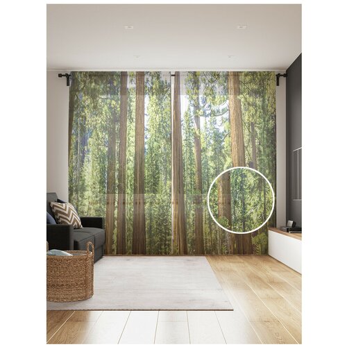 Тюль для кухни и спальни JoyArty "Лесной бег", 2 полотна со шторной лентой шириной по 145 см, высота 265 см.