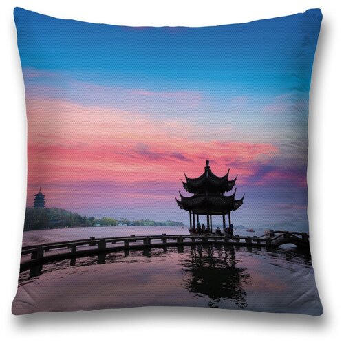 Наволочка декоративная на молнии, чехол на подушку JoyArty "Виды Ханчжоу" 45х45 см
