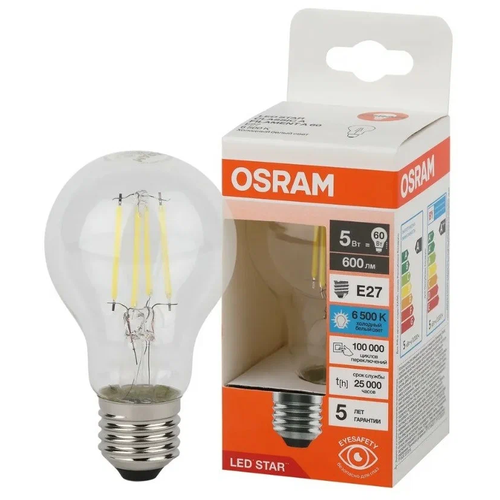 Лампа светодиодная OSRAM LED STAR, E27, 5 Вт, 6500 К