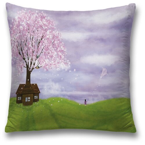 Наволочка декоративная на молнии, чехол на подушку JoyArty "Дом у цветущего дерева" 45х45 см