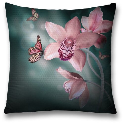 Наволочка декоративная на молнии, чехол на подушку JoyArty "Орхидеи с бабочками" 45х45 см