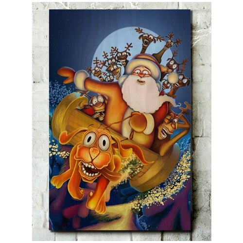 Картина интерьерная на дереве Новый год (Поп Арт, Рождество, Дед Мороз, Санта, Подарок) - 7517 В
