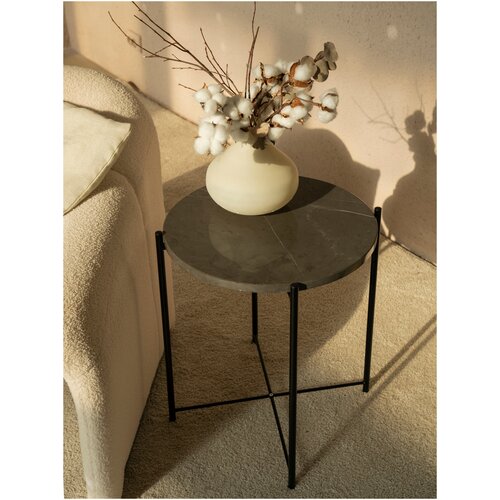 Столик кофейный круглый с серой мраморной столешницей 44 см черный