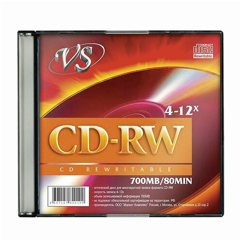 Диск CD-RW VS, 700 Mb, 4-12x, Slim Case (1 штука), VSCDRWSL01