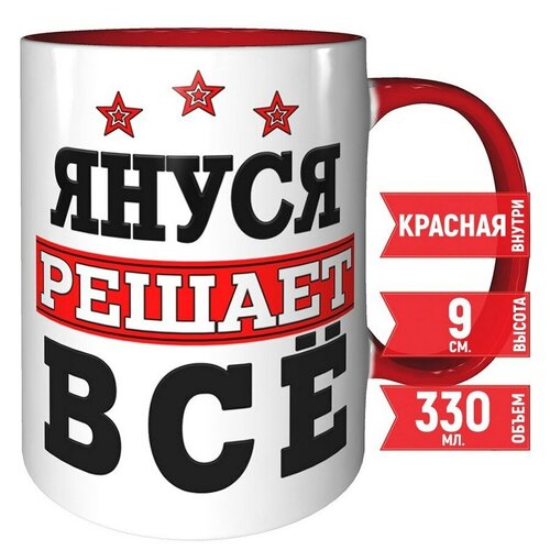 Кружка Януся решает всё - красный цвет ручка и внутри кружки.