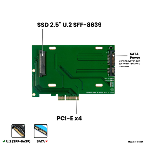 Адаптер-переходник (плата расширения) для установки SSD 2.5" U.2 SFF-8639 PCI-E NVMe в слот PCI-E 3.0/4.0 x4, зелёный, NHFK N-8639A