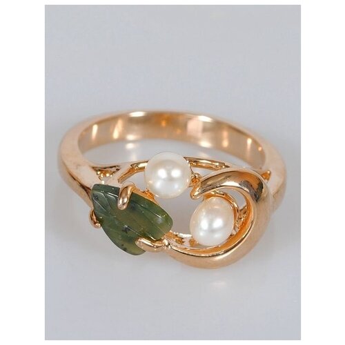 Кольцо помолвочное Lotus Jewelry, нефрит, жемчуг культивированный, размер 17, белый, зеленый