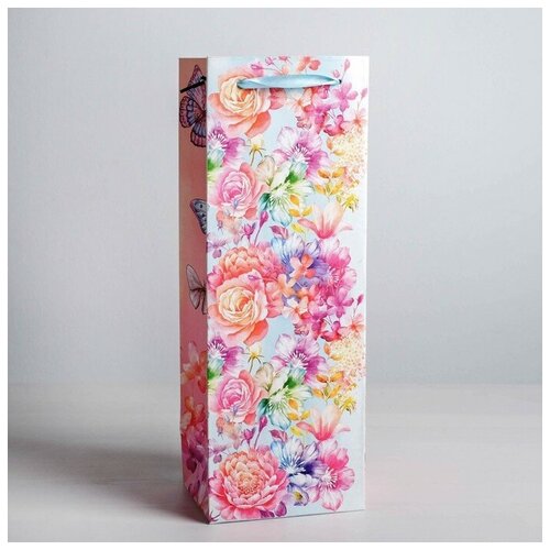 Дарите Счастье Пакет ламинированный под бутылку «Цветы и бабочки», 13 × 36 × 10 см