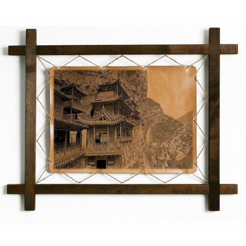 Картина Висячий монастырь Сюанькун-сы гравировка на натуральной коже, интерьерная для украшения и декора на стену в деревянной раме, подарок, BoomGift