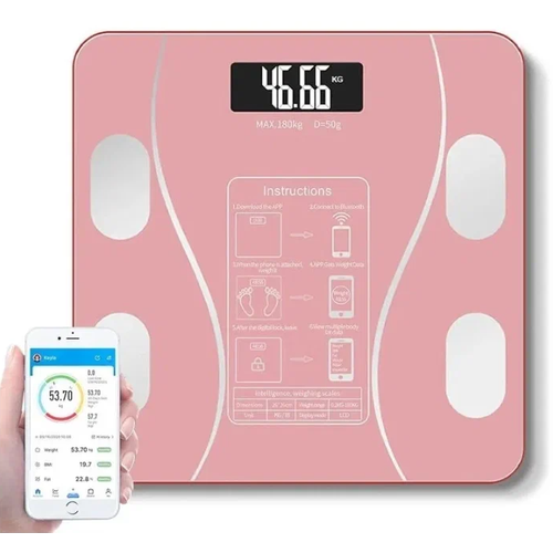 Напольные умные весы с расчётом 12 показателей качества тела совместимые для Android, IOS розовые