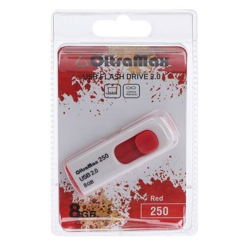 Флешка OltraMax 250, 8 Гб, USB2.0, чт до 15 Мб - с, зап до 8 Мб - с, красная