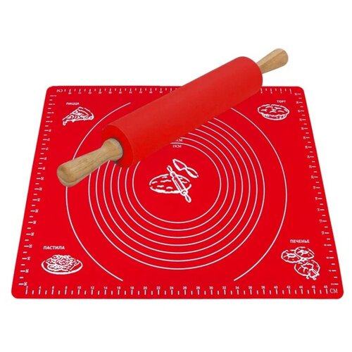 Подарочный набор для женщин силиконовый коврик большой 65 х 45см, скалка силиконовая 44 см (красный)