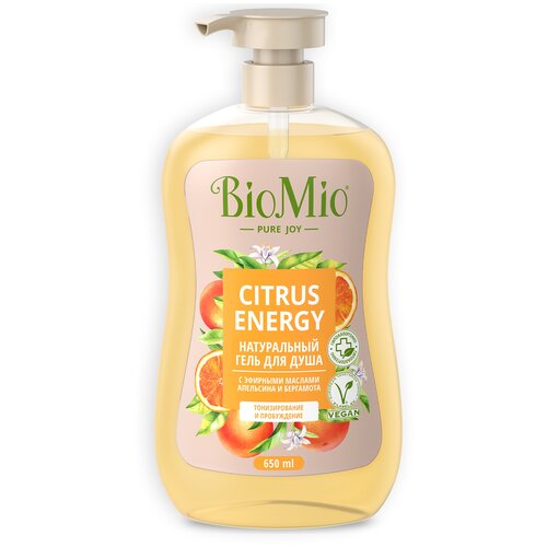 Натуральный гель для душа BioMio Citrus Energy с эфирными маслами апельсина и бергамотаапельсин и бергамот, 650 мл, 650 г