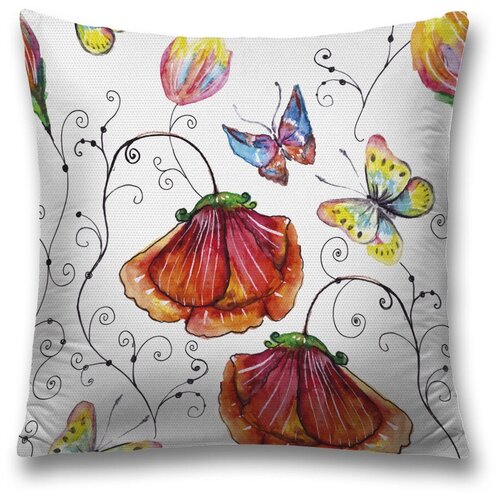 Наволочка декоративная на молнии, чехол на подушку JoyArty "Бабочки в цветах" 45х45 см