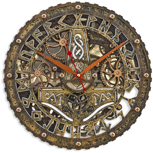 Часы настенные Автоматон Молот Тора Мьёльнир с вращающимися шестеренками WOODANDROOT