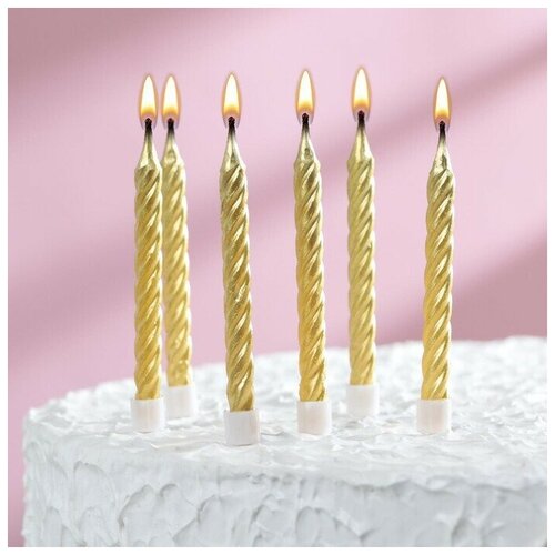 Свечи в торт с подставками, золотые, средние, набор 6 шт, 8 см