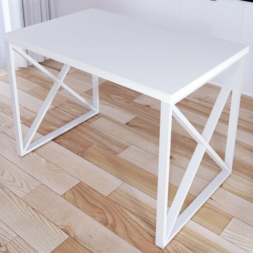 Стол кухонный Loft со столешницей белого цвета из массива сосны 40 мм и белыми металлическими крестообразными ножками, 120х60х75 см