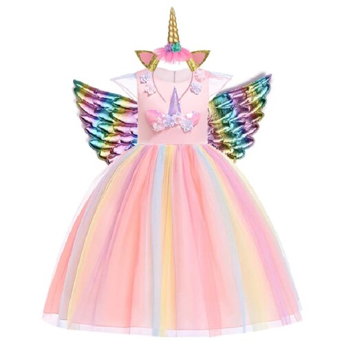 Платье карнавальное единорог персиковый цветная юбка рост 130