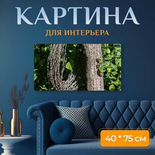 Картина на холсте "Колючая проволока, дерево, провод" на подрамнике 75х40 см. для интерьера