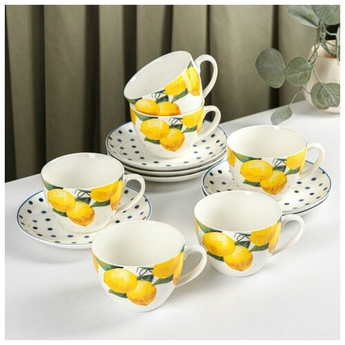 Сервиз чайный фарфоровый «Лимон», 12 предметов: 6 чашек 250 мл, 6 блюдец d=15,5 см, цвет белый