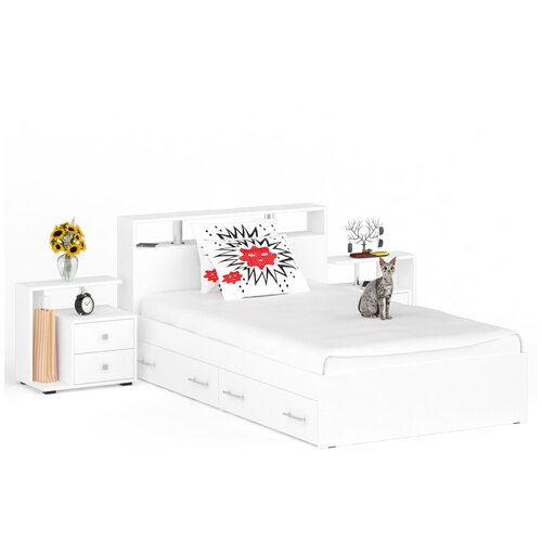 Кровать с ящиками 1200 с двумя тумбочками Камелия цвет белый