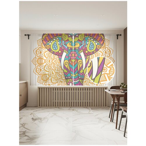 Тюль для кухни и спальни JoyArty "Священный слон в мандале", 2 полотна со шторной лентой шириной по 145 см, высота 180 см.