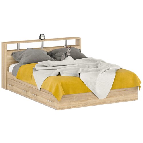 Кровать с ящиками Камелия 1600, цвет дуб сонома, ШхГхВ 163,5х217х78,2 см, спальное место 1600х2000 мм, без матраса, основание есть