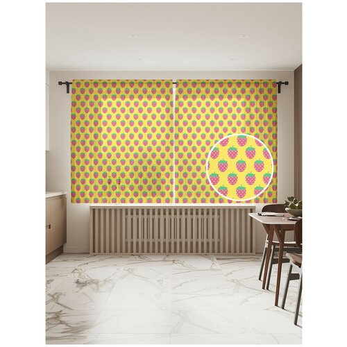 Тюль для кухни и спальни JoyArty "Клубничка в горошек", 2 полотна со шторной лентой шириной по 145 см, высота 180 см.
