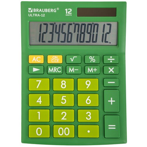 Калькулятор настольный BRAUBERG ULTRA-12-GN (192x143 мм), 12 разрядов, двойное питание, зеленый, 250493