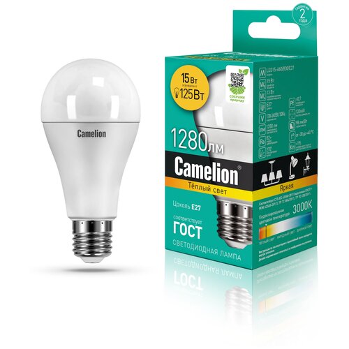 Camelion Лампа светодиодная LED15-A65/830/E27 15Вт грушевидная 3000К тепл. бел. E27 1280лм 170-265В Camelion 12196 / 12185