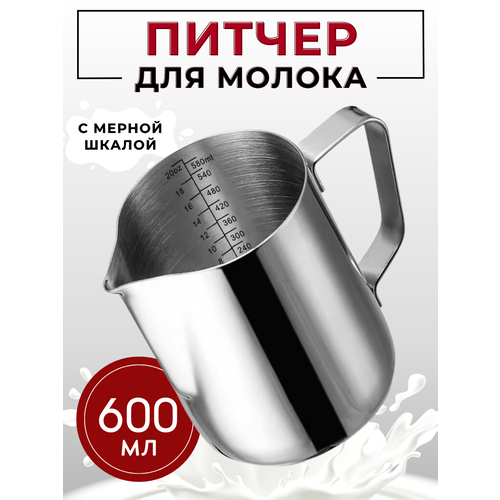 Молочник (питчер) 600 мл с делениями из нержавеющей стали, молочник металлический, питчер для взбивания молока, питчер для кофе, питчер для эспрессо