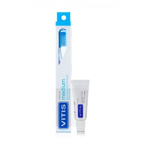 Щётка зубная в твердой упаковке Vitis Medium + Зубная паста Vitis Whitening 15 мл