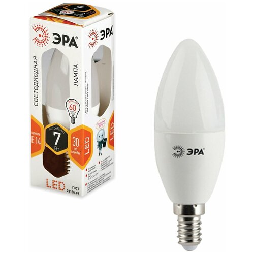 Лампа светодиодная Эра 7, 60 Вт, цоколь E14, "свеча", теплый белый свет, 30000 ч