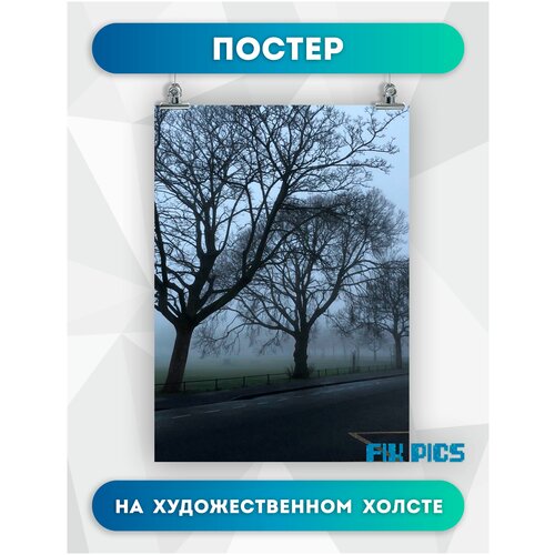 Постер на холсте мрачные деревья в пасмурной погоде у дороги природа (373) 50х70 см