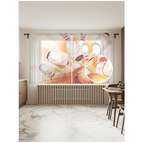 Тюль для кухни и спальни JoyArty "Кегли вразлет", 2 полотна со шторной лентой шириной по 145 см, высота 180 см.