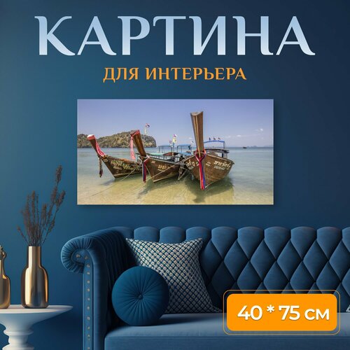 Картина на холсте "Морские судна, море, пляж" на подрамнике 75х40 см. для интерьера