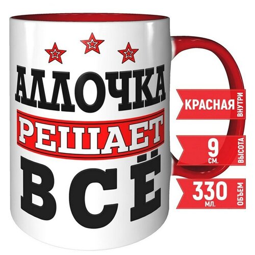 Кружка Аллочка решает всё - красный цвет ручка и внутри кружки.