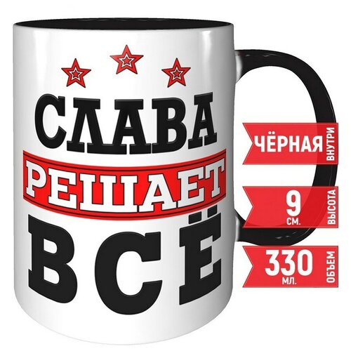 Кружка Слава решает всё - чёрного цвета внутри.