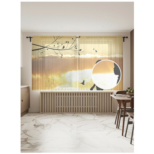 Тюль для кухни и спальни JoyArty "Утренняя рыбалка", 2 полотна со шторной лентой шириной по 145 см, высота 180 см.