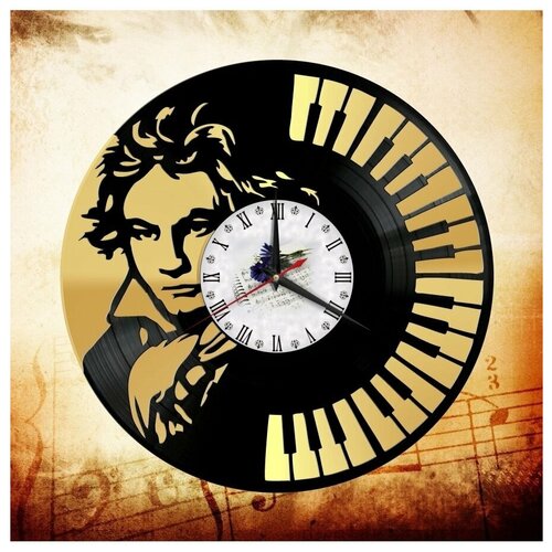 Часы настенные из Виниловых пластинок - Бетховен (золотая подложка)